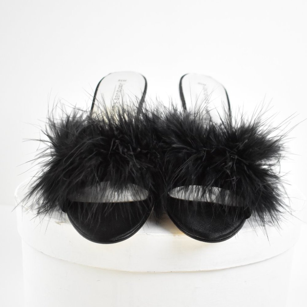 Satin And Ostrich Feather Black Slippers - Gem